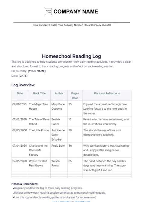 Free Homeschool Reading Log Template To Edit Online