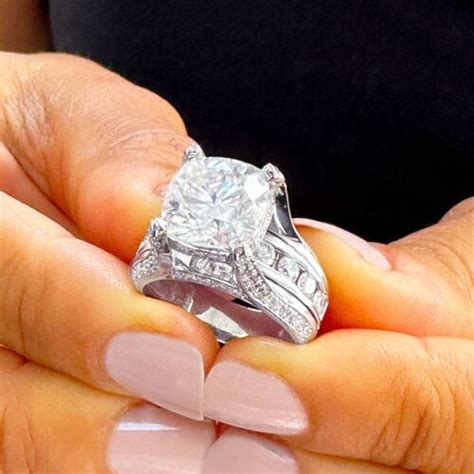 14k Heavy White Gold Cushion Simulated Diamond Engagement Ring And Band