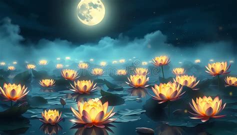 Magical Night Lotus Pond Illuminated By Moonlight Lotus Flowers