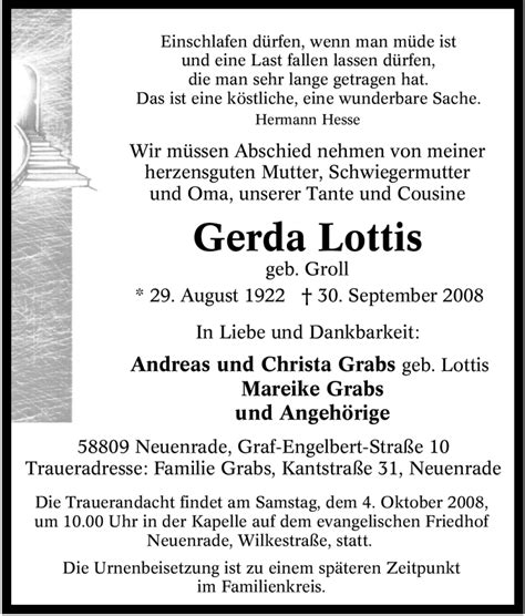 Traueranzeigen Von Gerda Lottis Trauer In Nrw De