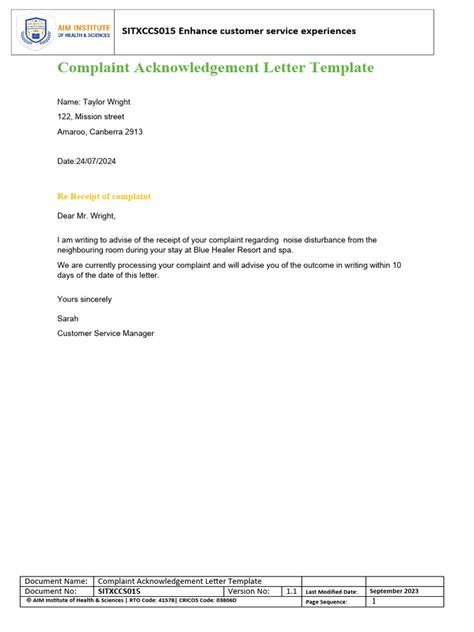 Complaint Acknowledgment Letter 2 Pdf