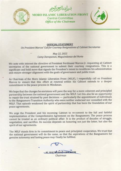 Al Read The Moro Islamic Liberation Front Milf Central Committee Chairman Al Haj Murad
