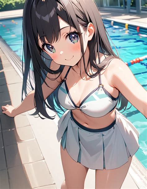 Anime Girl In A Bikini Sitting On A Dock By A Swimming Pool Seaart Ai
