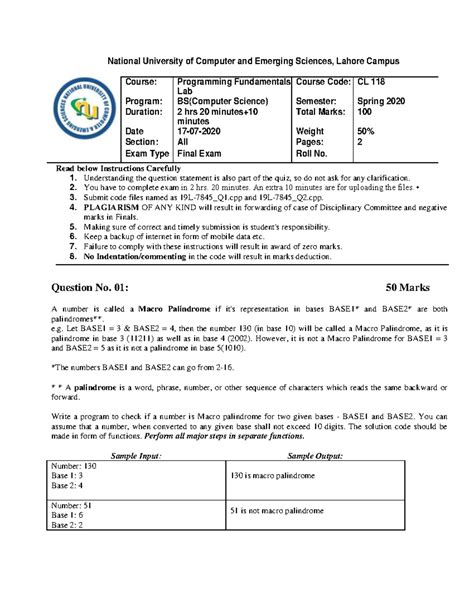 Pf Lab Final Spring20 National University Of Computer And Emerging Sciences Lahore Campus