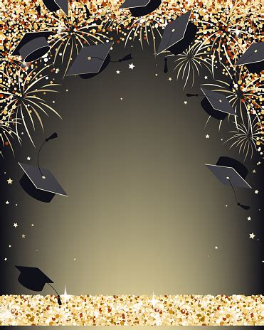 Graduation Ceremony Banner With Graduate Caps And Gold Confetti