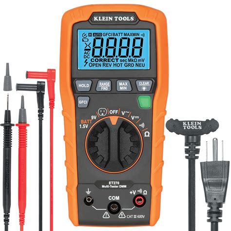 Auto Ranging Digital Multi Tester With Standardgfci Receptacle Tester Et270 Klein Tools
