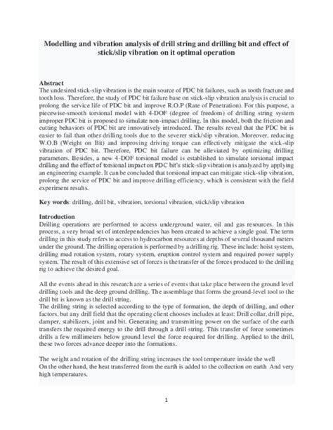Pdf Modelling And Vibration Analysis Of Drill String And Drilling Bit And Effect Of Stick Slip