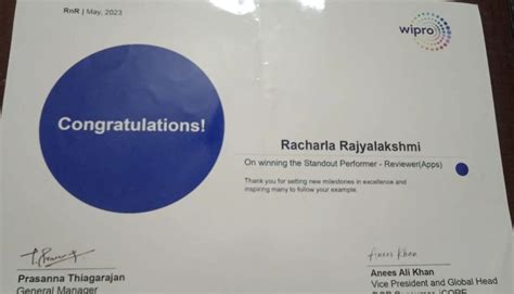 Racharla Rajyalakshmi On Linkedin Randr Award 🎉🎉🎉best Performer Award From Wipro