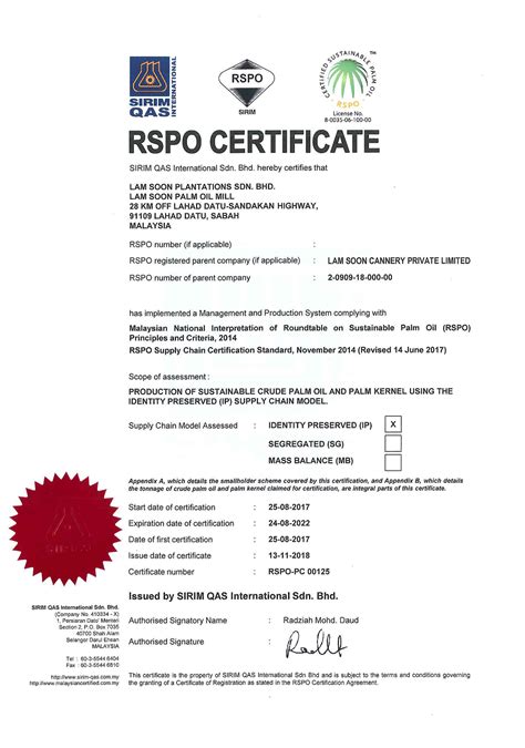 Rspo Certification Lam Soon