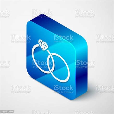 아이소메트릭 결혼 반지 아이콘 흰색 배경에 고립입니다 신부와 신랑 보석 기호입니다 결혼 아이콘입니다 다이아몬드 링 파란색 사각형 버튼을 클릭 합니다 벡터 일러스트 결혼