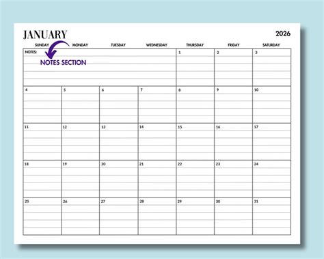 2026 Monthly Calendar Printable 2026 Monthly Planner With Notes 2026