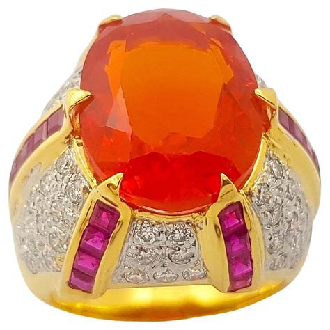 Fire Opal Ruby And Diamond Ring Set In 14k Gold Settings For Sale At