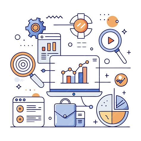 Illustration Of Various Business Analytics Symbols Including A Laptop