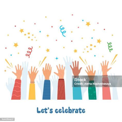 축하하는 행복한 사람들의 손을 들었다 파티에 사람들의 군중 사람들은 축하합니다 폭죽 색종이 불꽃놀이 카니발 다양한 젊은이들 남성과 여성 손 벡터 그림입니다 손에 대한 스톡