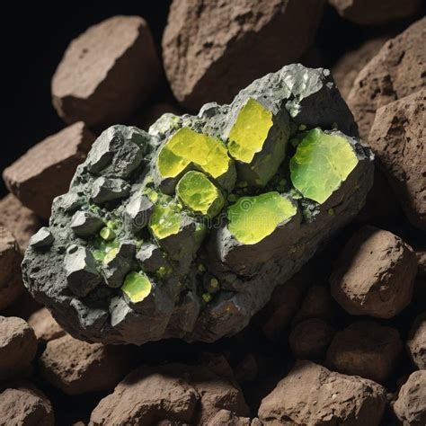Radiant Raw Uranium Ore Closeup Capture In Vibrant Yellow And Dark Green Stock Illustration