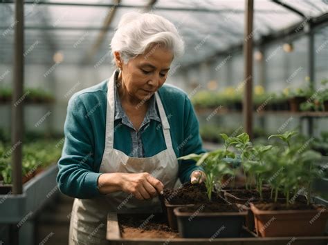 Old Woman Grandmother Gardening In The Greenhouse Seedlings And