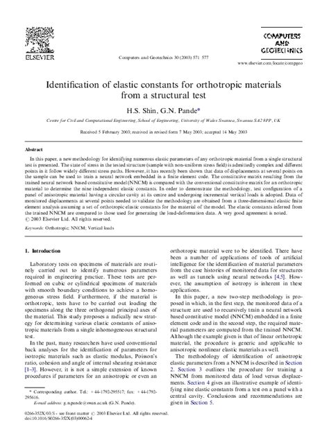 Pdf Identification Of Elastic Constants For Orthotropic Materials From A Structural Test