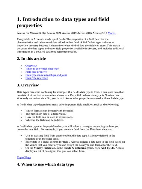 Access Data Types And Field Properties Pdf Data Type Database Index