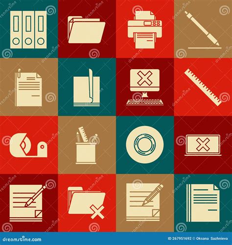 Set File Document Laptop And Cross Mark On Screen Ruler Printer Paper Clip Office Folders