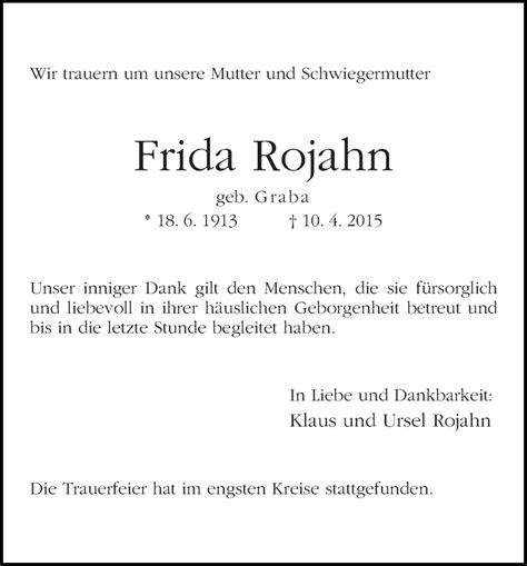 Traueranzeigen Von Frida Rojahn Trauer And Gedenken