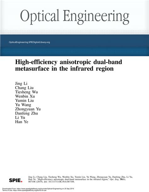 Pdf High Efficiency Anisotropic Dual Band Metasurface In The Infrared