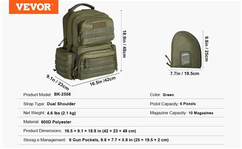 Vevor Gun Range Backpack 6 Pistols 600d Polyester