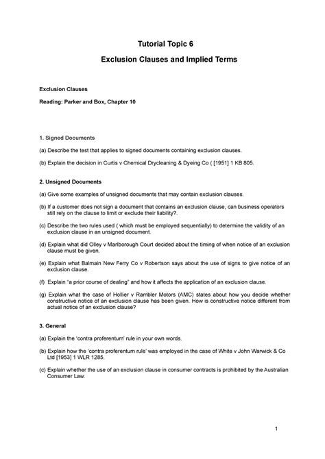 tutorial topic 6 week 7 exclusion clauses and implied terms tutorial