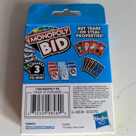 Hasbro Games Monopoly Bid Card Game 22 Hasbro New Complete W Sealed