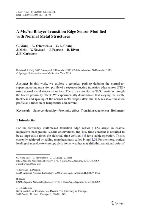 Pdf A Mo Au Bilayer Transition Edge Sensor Modified With Normal Metal Structures