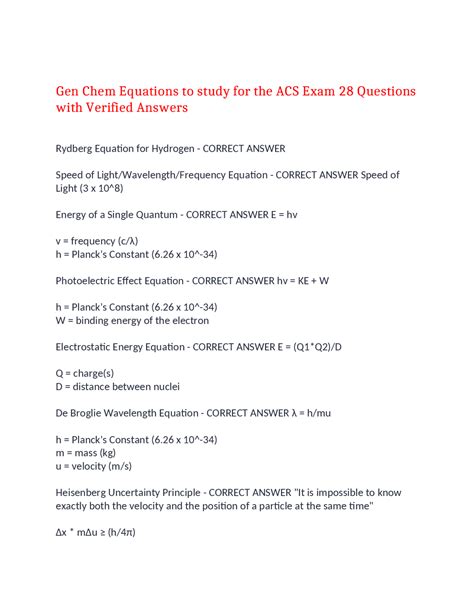 Chemical Equations And Related Concepts For Acs Exam Exams Chemistry Docsity