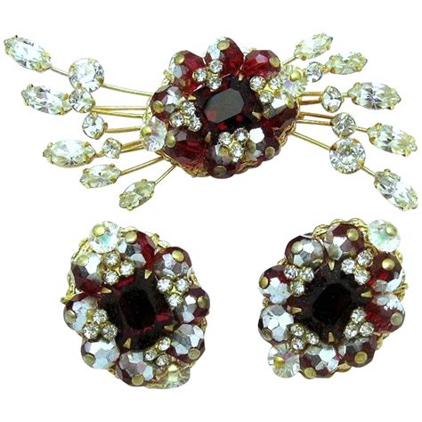 Hattie Carnegie Brooch Earrings Rhinestone Vintage Set Vintage