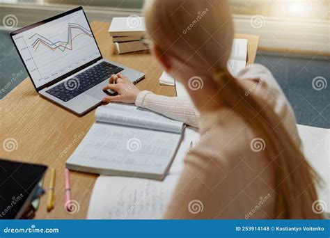 Young Talented Female Student Studying On Laptop Sit In University