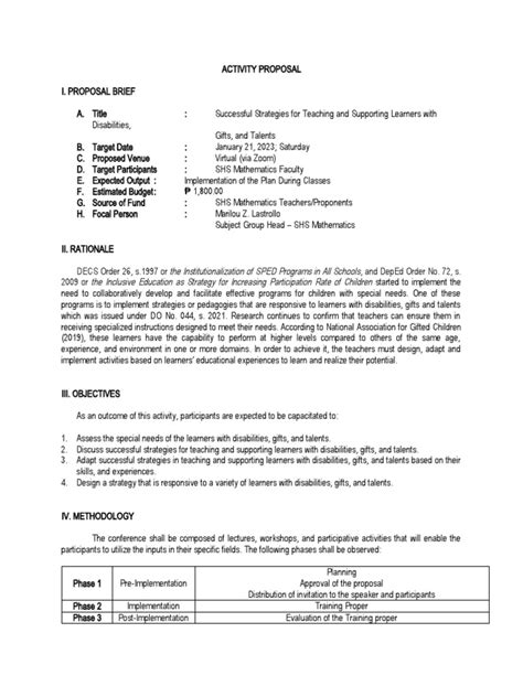 Activity Proposal Sample Pdf Learning Teachers