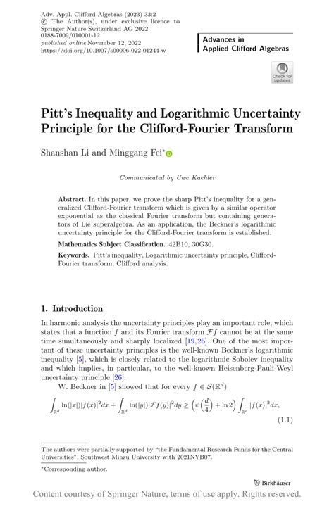 Pitts Inequality And Logarithmic Uncertainty Principle For The