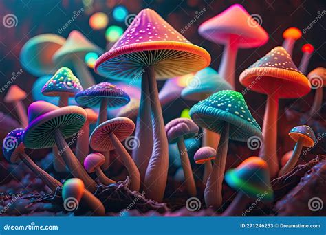 Psychedelic Glowing Mushrooms In Forest Magical Background With