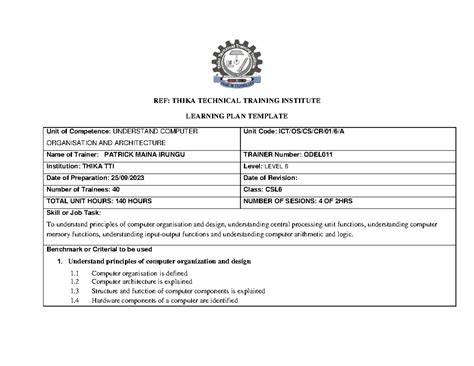 Learning Plan Learnig Plan For Trainers Ref Thika Technical