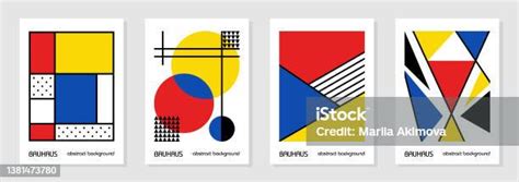 4 개의 최소한의 빈티지 20 년대 기하학적 디자인 포스터 벽 예술 템플릿 원시 모양 요소의 레이아웃 세트 바우하우스 레트로 패턴 배경 벡터 추상 원 삼각형 및 사각형 라인