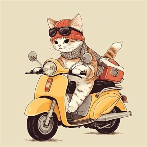 Premium Ai Image Cat Riding Motorcycle Catoon Character Illustration
