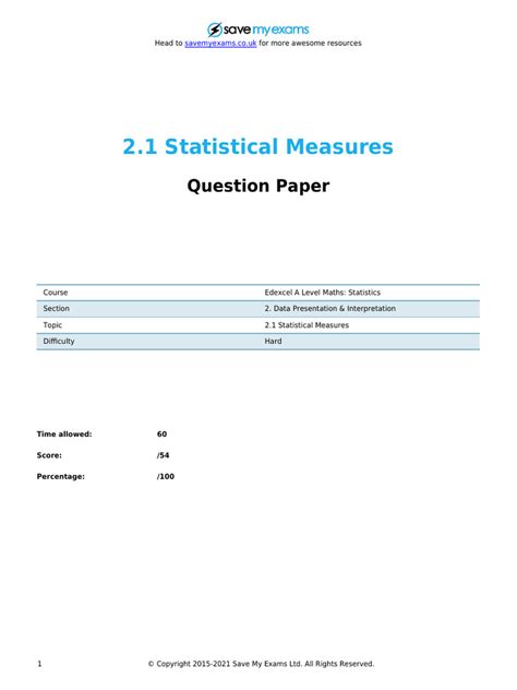 Edexcel A Level Maths Statistics 2 1 Statistical Measures Savemyexams H Pdf All Rights