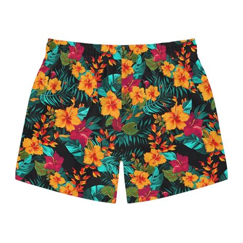 Swim Trunks Aop Hawaiian Floral On Black Etsy