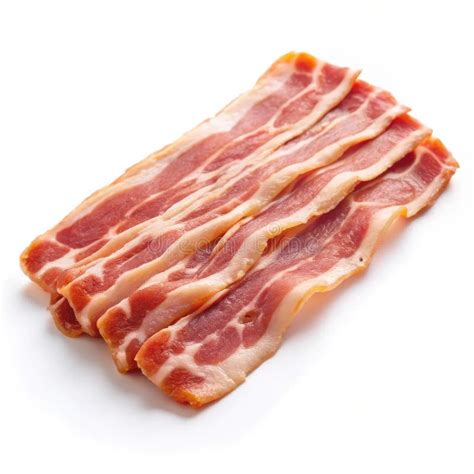 Uncooked Streaky Bacon Slices Stacked On White Background Ready For