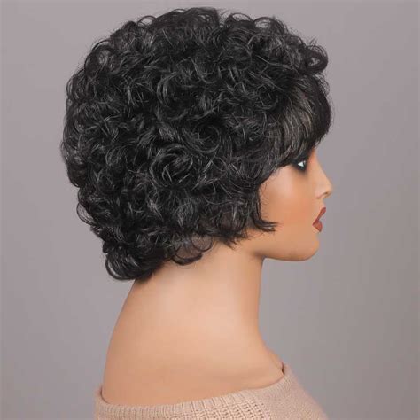 Short Curly Layered Pixie Cut Wig Dark Salt And Pepper Human Hair