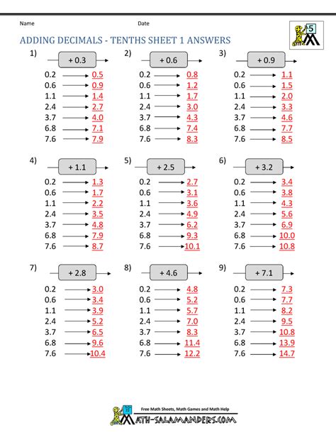 Adding Decimals Tenths Sheet 1 Answers Adding Decimals Decimals