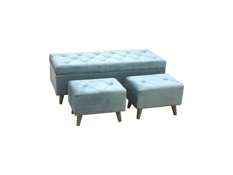 Set Baul Almacenaje Y Dos Puff 121 45 49 Terciopelo Azul Agua