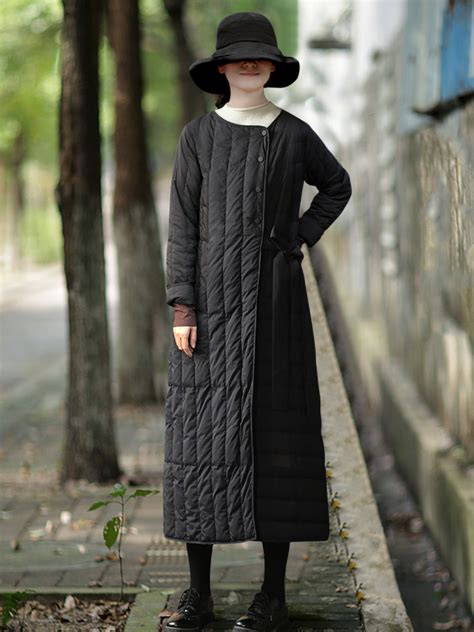 知笔墨冬款复古文艺黑色斜襟薄款羽绒袍子长款白鸭绒羽绒服女虎窝淘