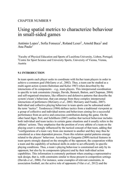 Pdf Using Spatial Metrics To Characterize Behaviour In Small Sided Games