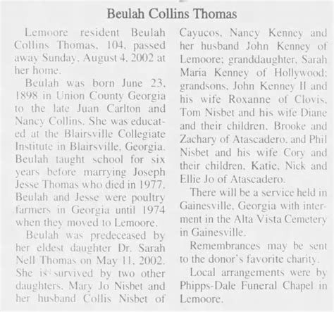 Obituary For Beulah Collins Thomas 1898 2002 Aged 104 ™