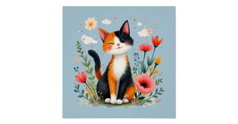 Smiling Calico Cat In Blooming Garden Poster Zazzle