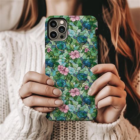 Sea Turtle Stained Glass Effect Case With Tropical Hibiscus Floral