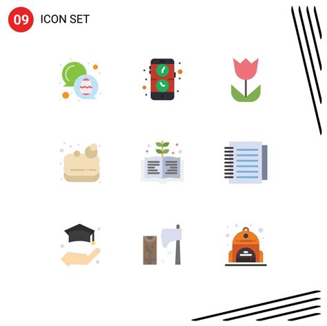 9 Thematic Vector Flat Colors And Editable Symbols Of Knowledge Book Camera Lotus Soap Editable